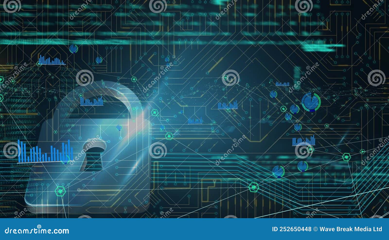 Animation of Computer Language, Bar Graph, Dots Connecting Lines Moving Over Graphical Circuit ...