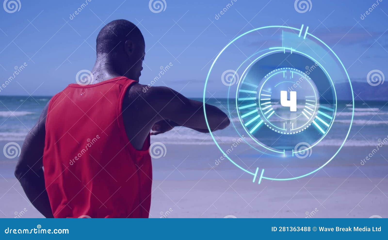 Animation of Data Loading Clock Over Running African American Man Using ...
