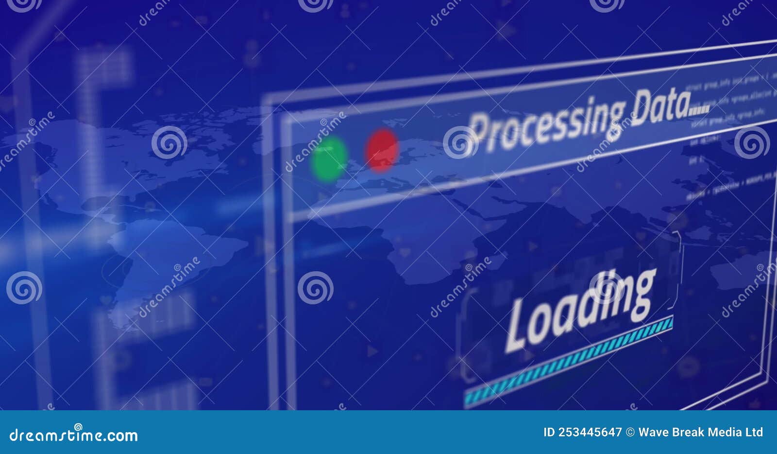 Animation of Data Loading and Processing Text Over Screen and World Map ...
