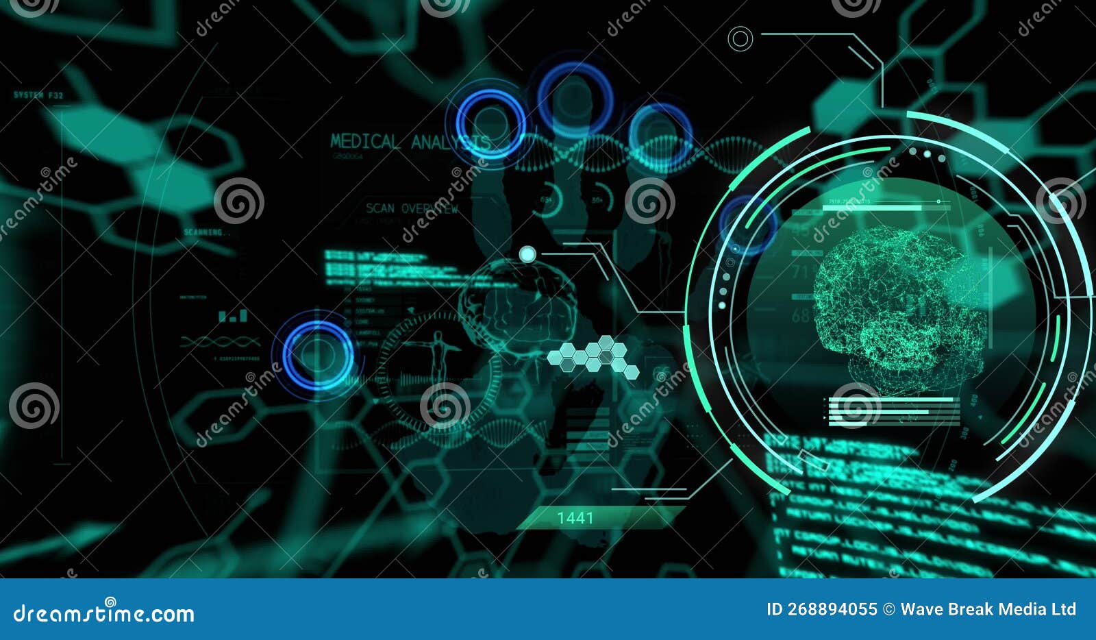 Animation of Data Processing and Brain with Handprint on Black ...