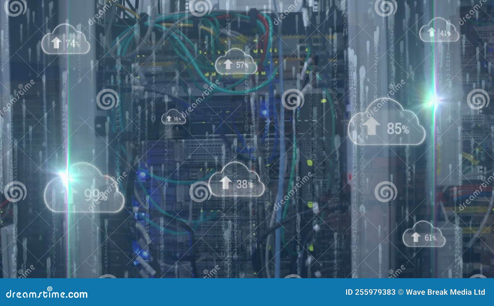 Animation of Data Processing and Cloud Icons Over Server Room Stock ...