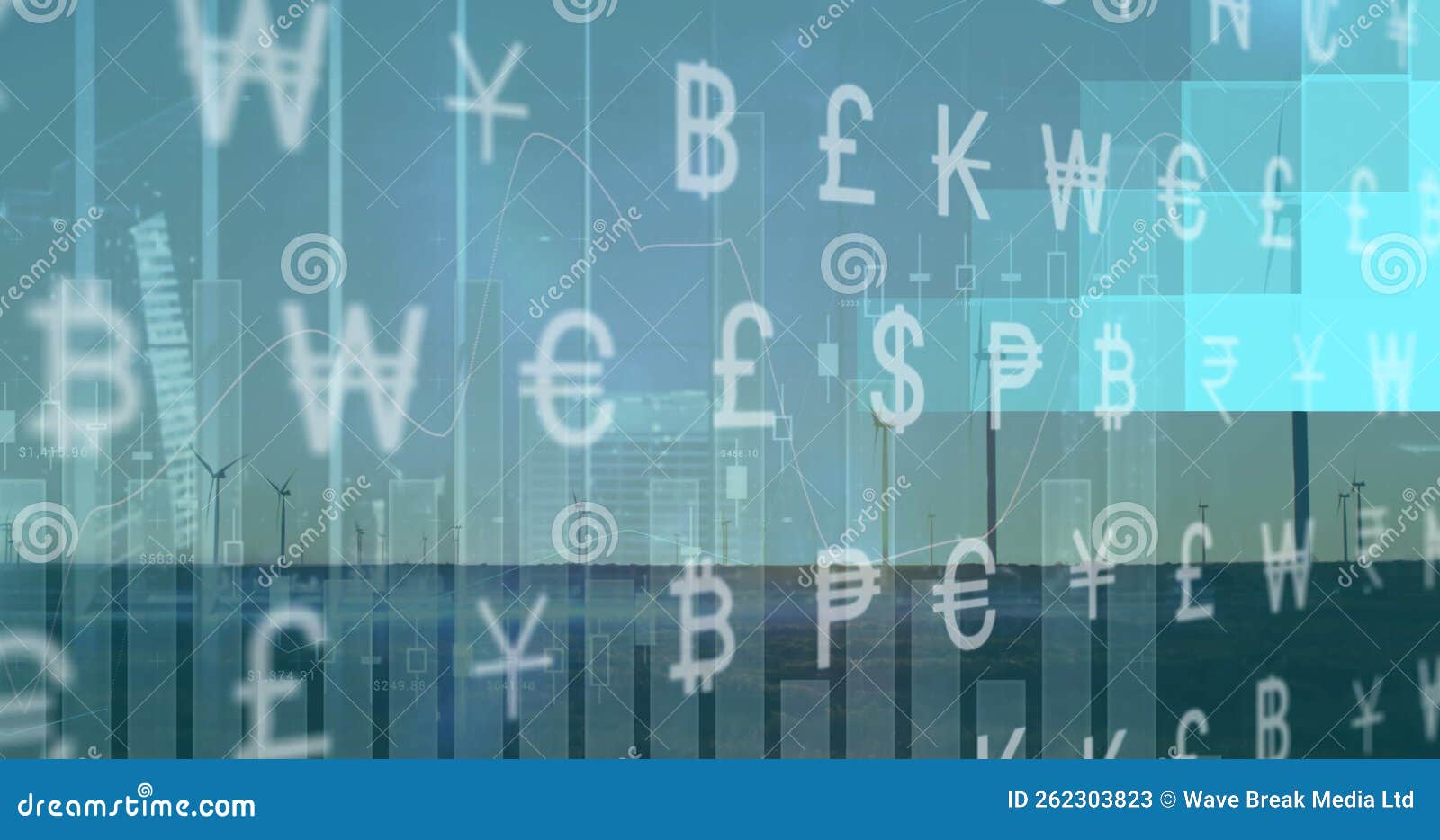 Animation of Data Processing with Currency Symbols and Cityscape Over ...