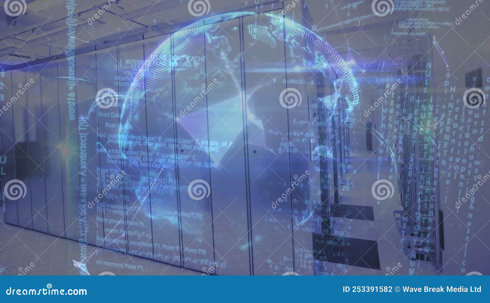 Animation of Data Processing and Globe of Plexus Networks Spinning Against Computer Server Room ...