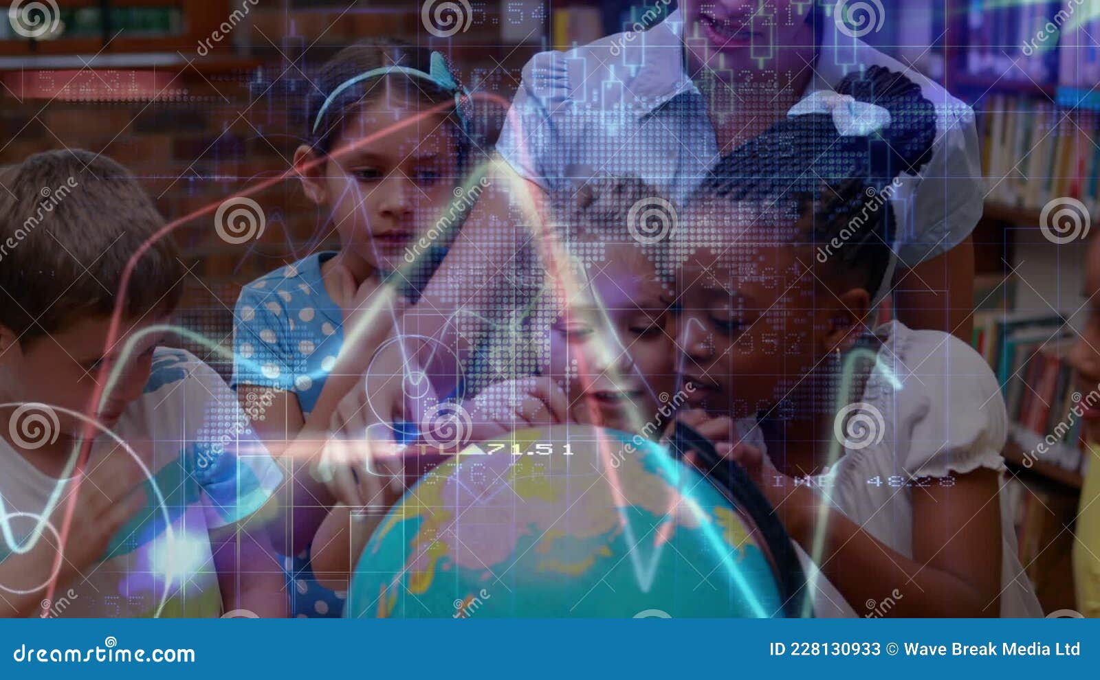No People Animation Data Processing Graph Schoolchildren Teacher Looking Globe Class Global ...