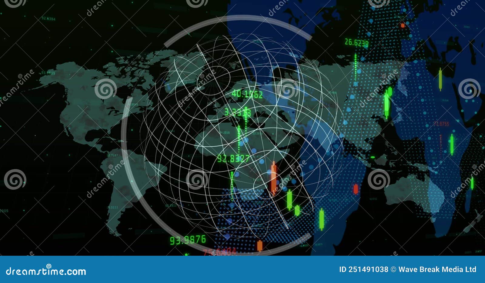 Animation of Data Processing with Graph Over World Map and Globe Stock ...