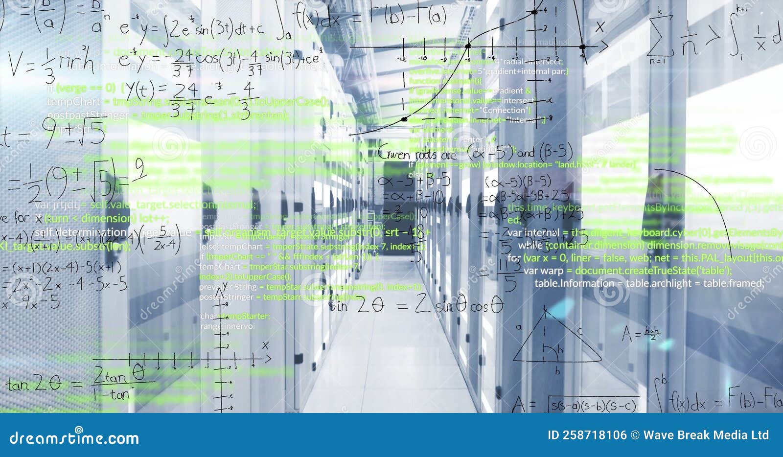 Animation of Data Processing and Mathematical Equations Against Empty Computer Server Room Stock ...