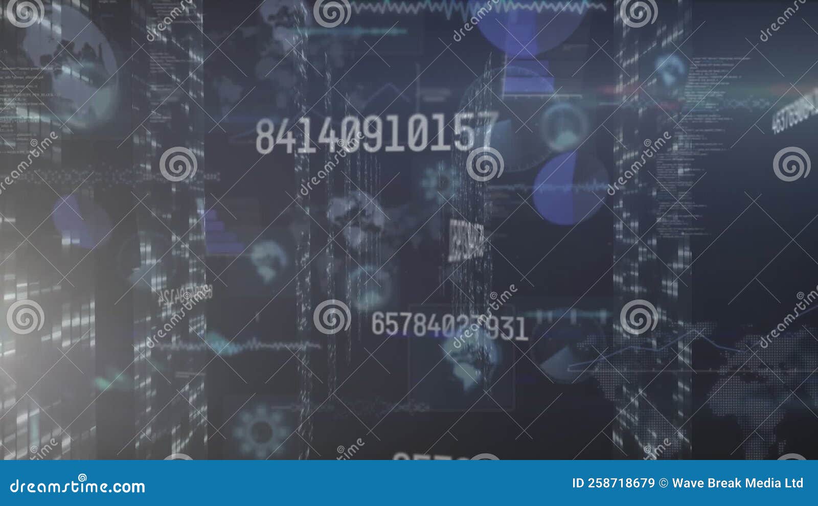 Animation of Data Processing and Multiple Changing Numbers Against Screens of Mosaic Squares ...
