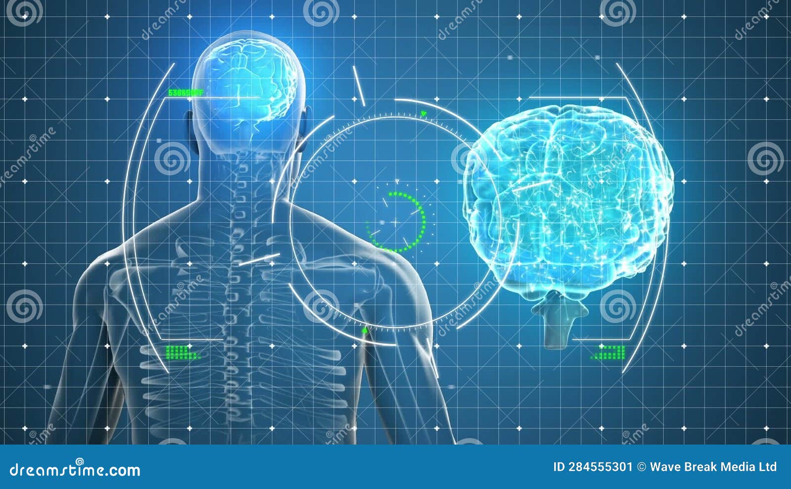 Animation of Data Processing Over Human Body with Glowing Brain Stock ...