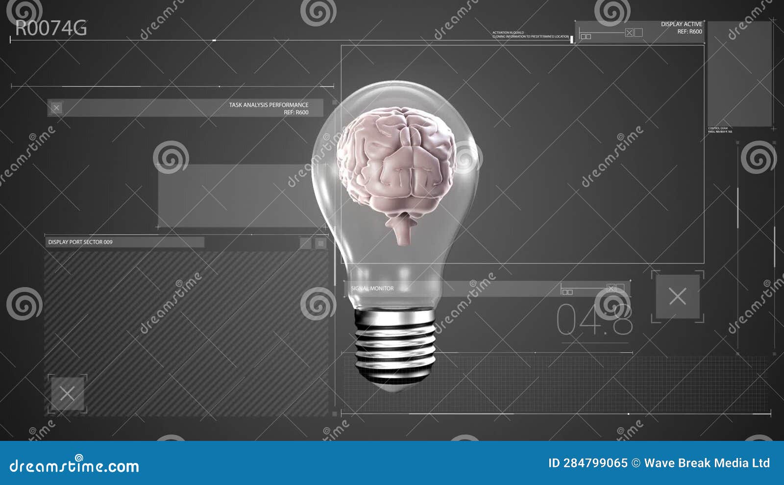 Animation of Data Processing Over Lightbulb with Human Brain on Grey ...
