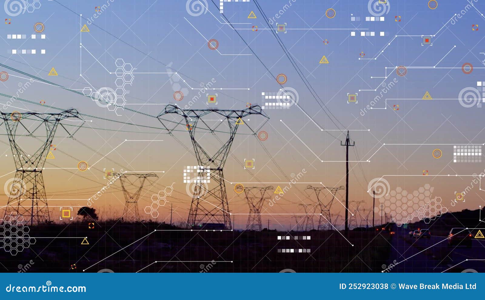 Animation of Data Processing Over Overhead Power Lines Stock Footage ...