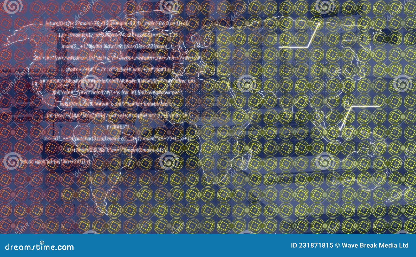 Animation of Data Processing with Pattern Over World Map in Background ...