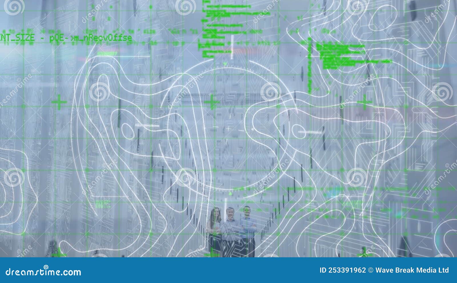 Animation of Data Processing and Scope Scanning Over Topography Against Computer Server Room ...