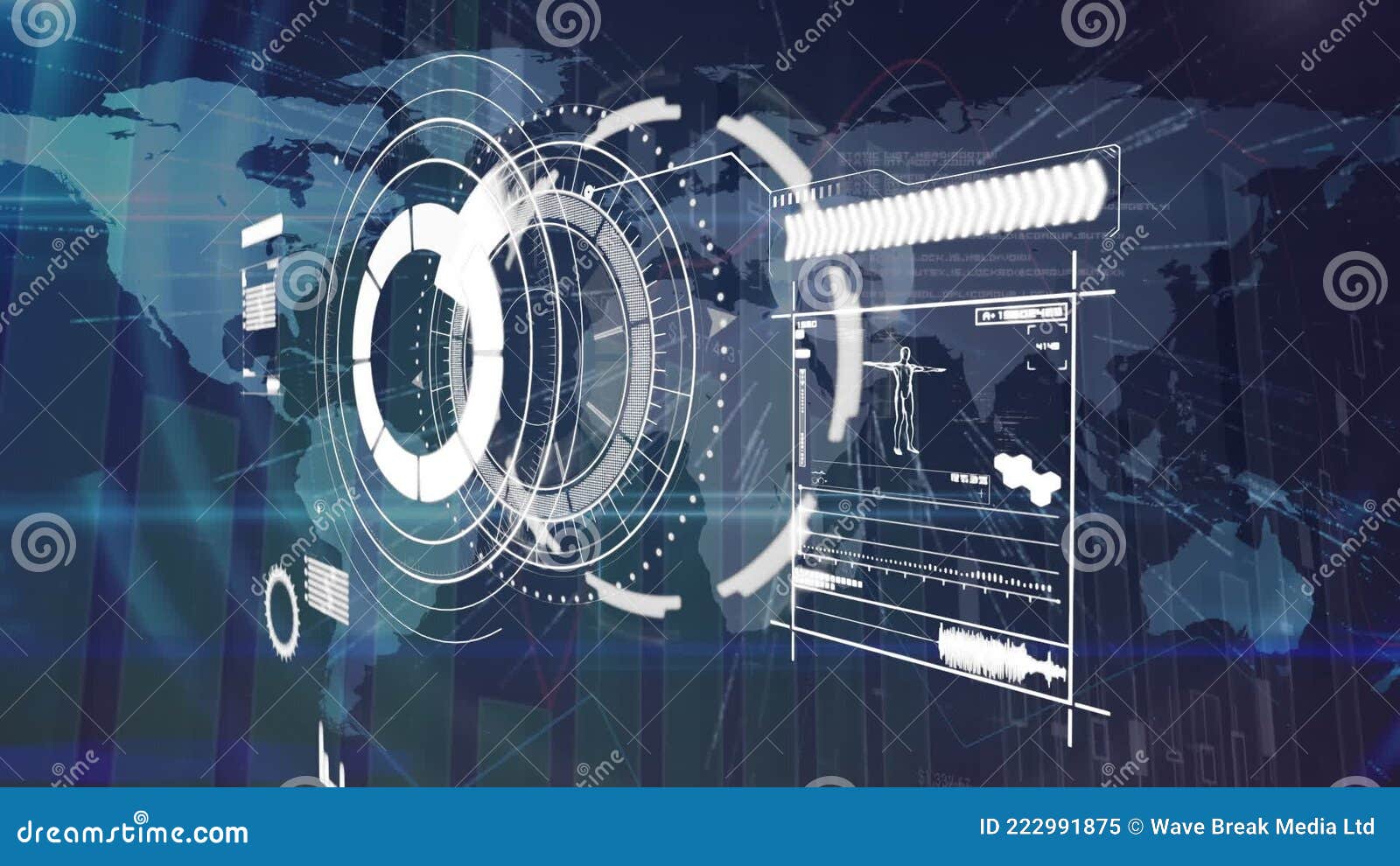 Animation of Data Processing and Scopes Scanning Over World Map Stock Video - Video of montage ...