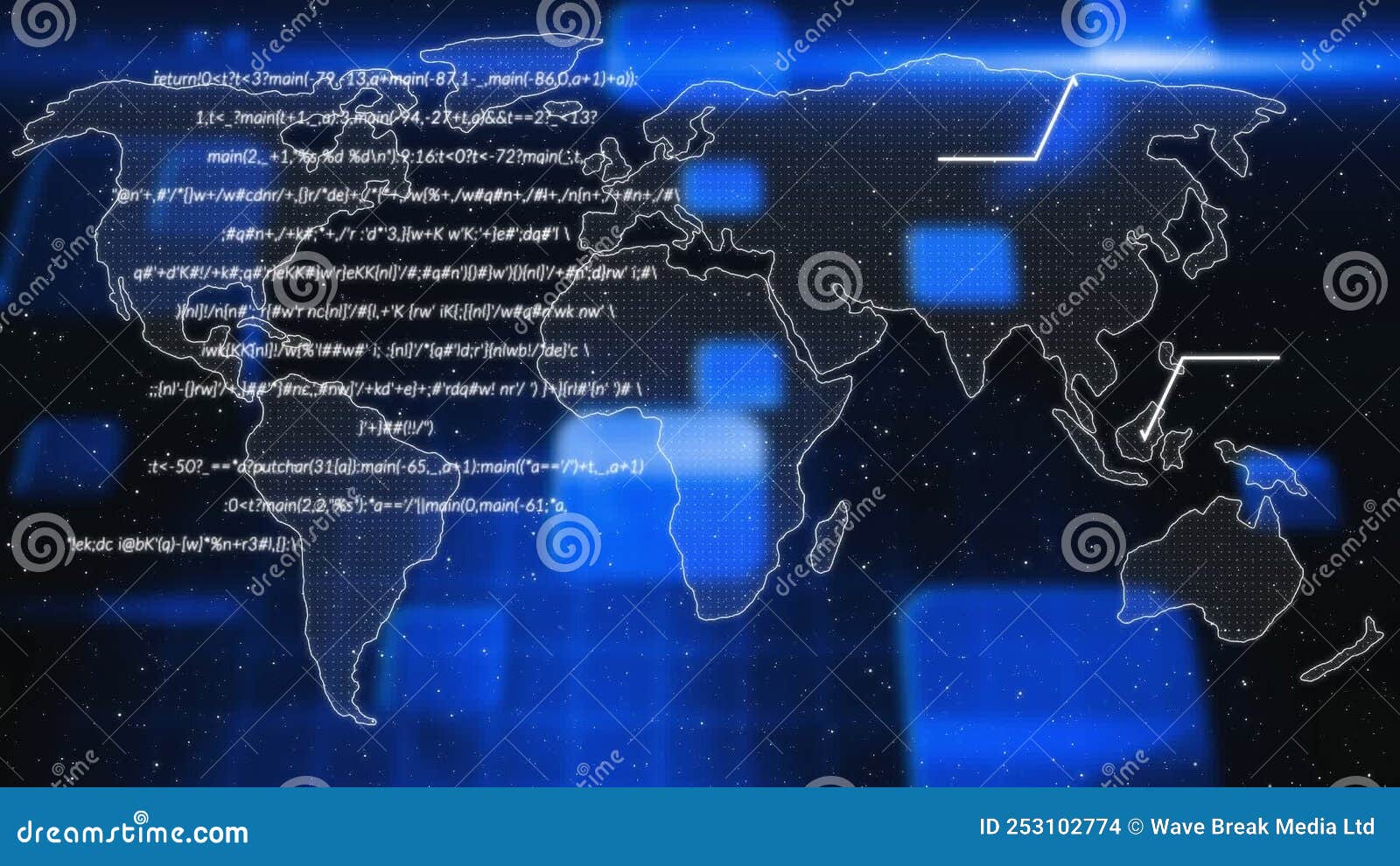 Animation of Data Processing and World Map Over Blue Screens Stock ...