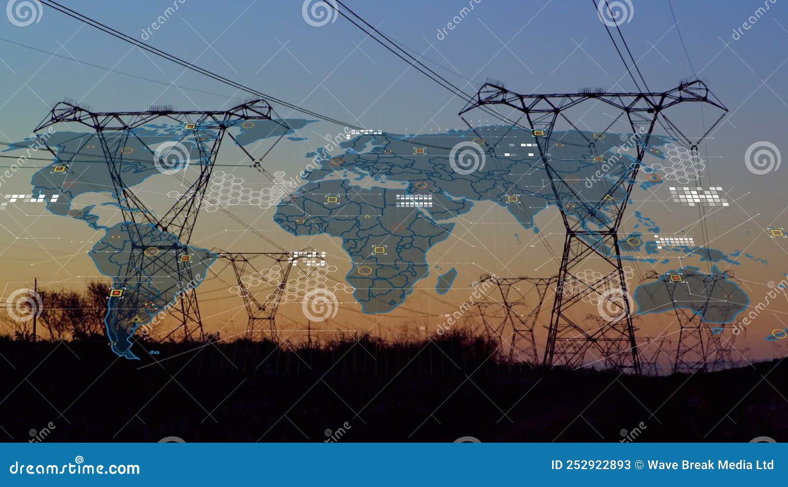 Animation of Data Processing with World Map Over Overhead Power Lines ...
