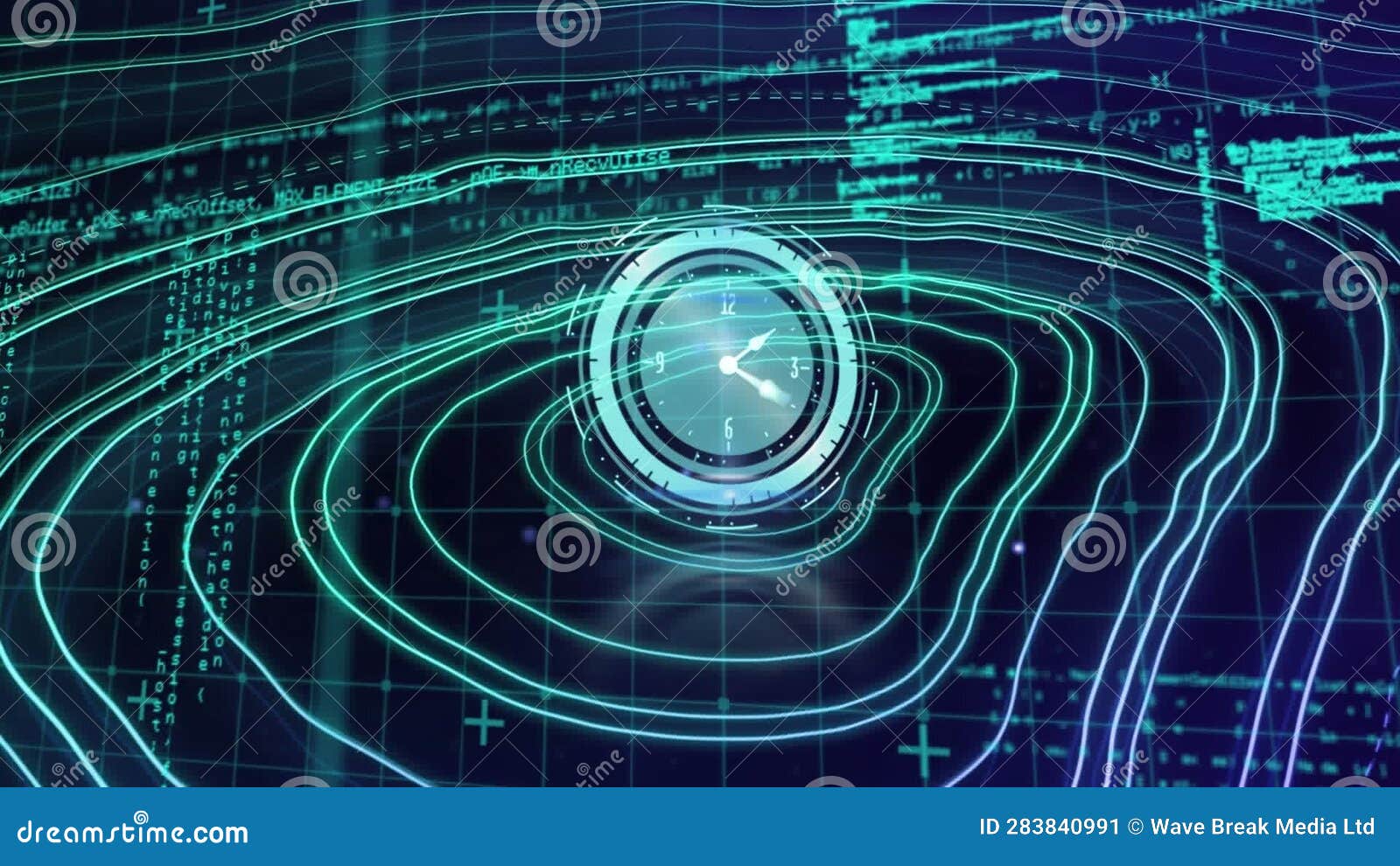 Animation of Digital Clock Over Spiral Pattern Against Computer ...