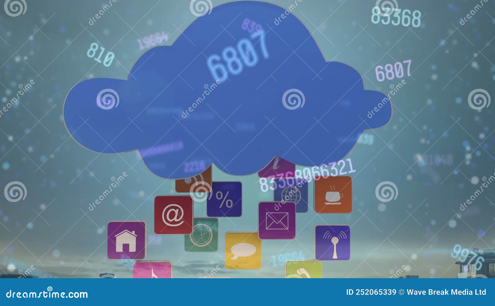 Animation of Digital Clouds, Numbers and Tech Icons Stock Video - Video ...