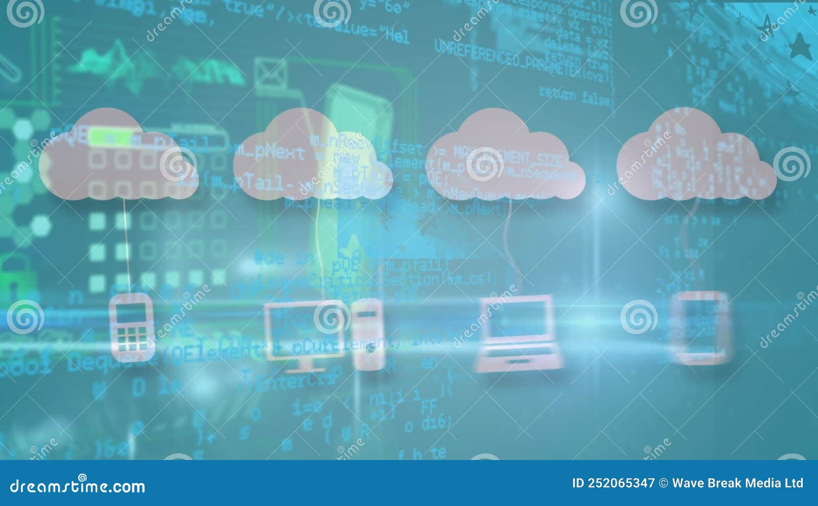 Animation of Digital Clouds, Tech Icons and Data Processing on Blue ...