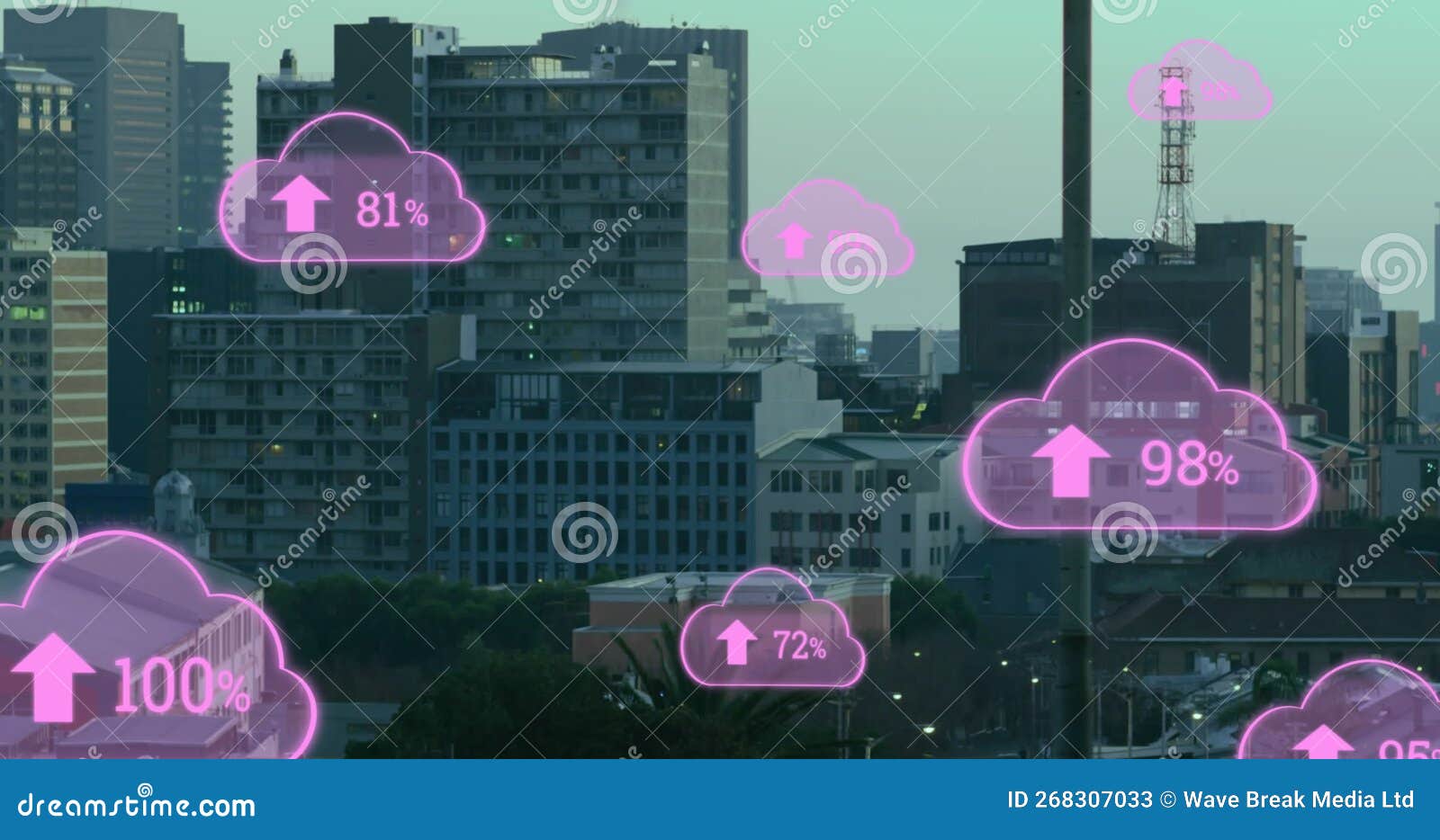 Animation of Digital Clouds with Uploading Floating Over Cityscape Stock Video - Video of ...