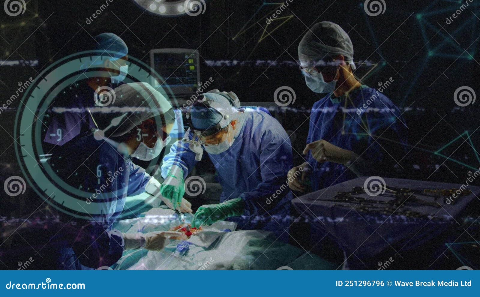 Animation of Digital Interface and Clock Over Surgeons in Operating ...