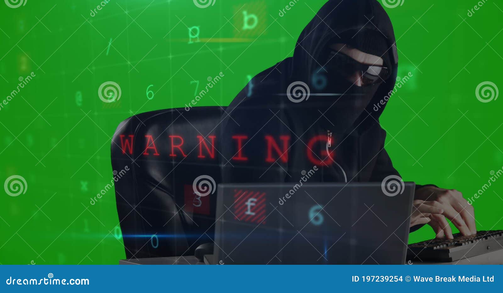 Cyber Security Data Processing Over Male Hacker Using Computer Against Green Screen Stock ...