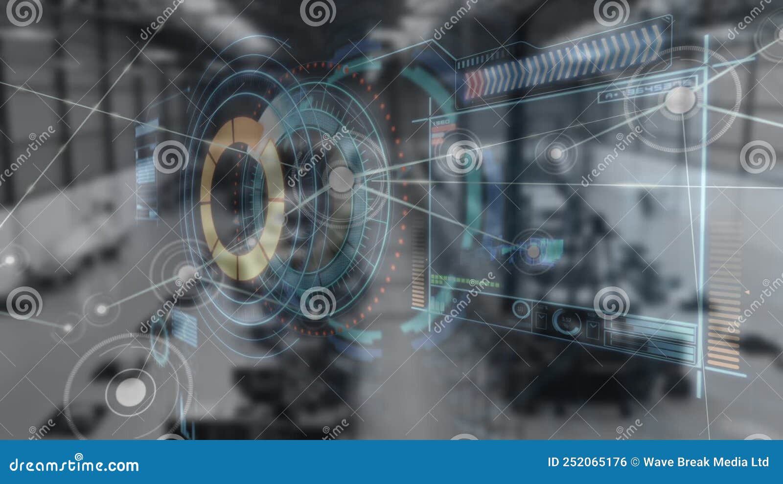 Animation of Digital Screen with Diverse Data with Processing Circle Over Blurred Warehouse ...