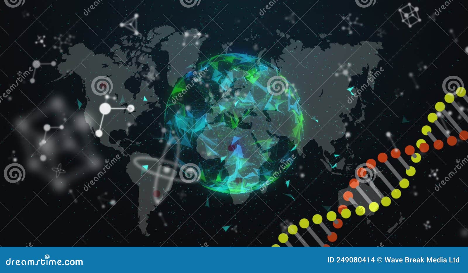 Animation of Dna Strand Spinning and Molecules Over Globe and World Map ...