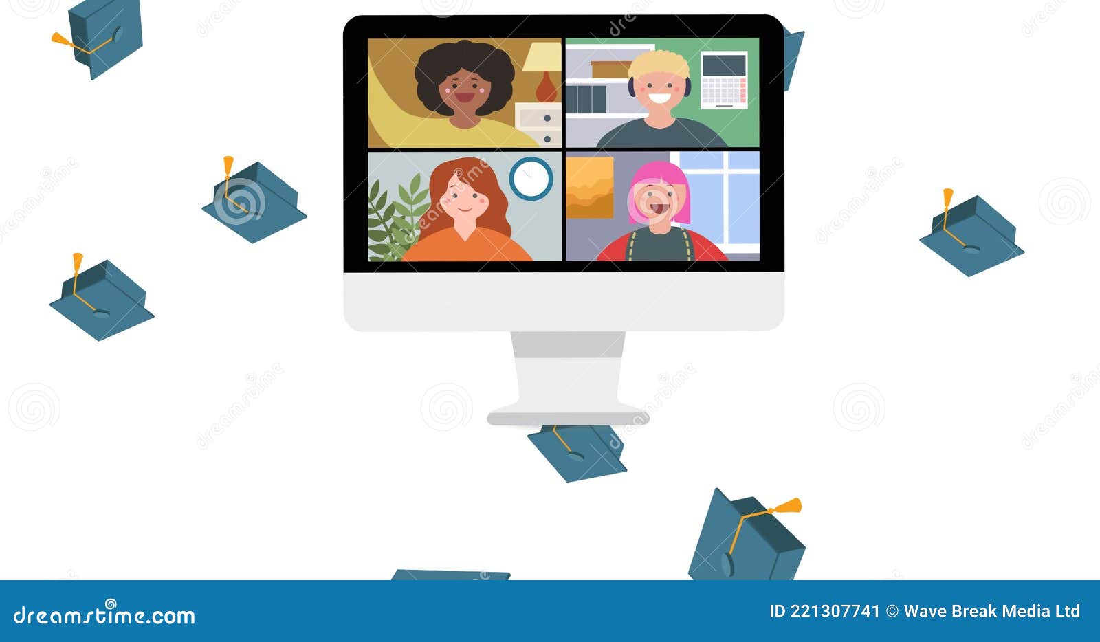 Animation of Falling Mortarboards and Computer Video Call Screen on ...