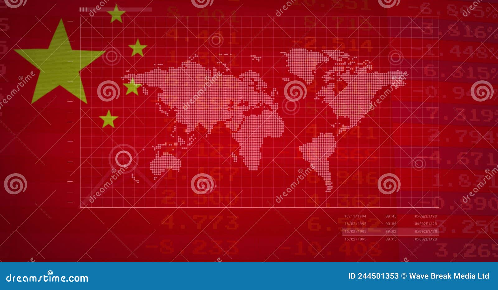 Animation of Financial Data and Graphs Over World Map and Flag of China ...