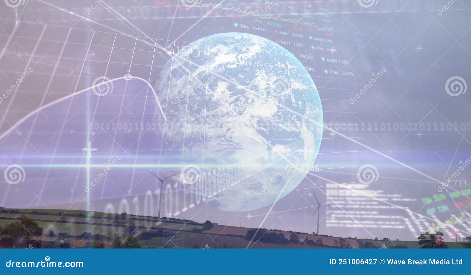 Animation Of Financial Data Processing Binary Coding Over Earth And Wind Turbine Stock Video