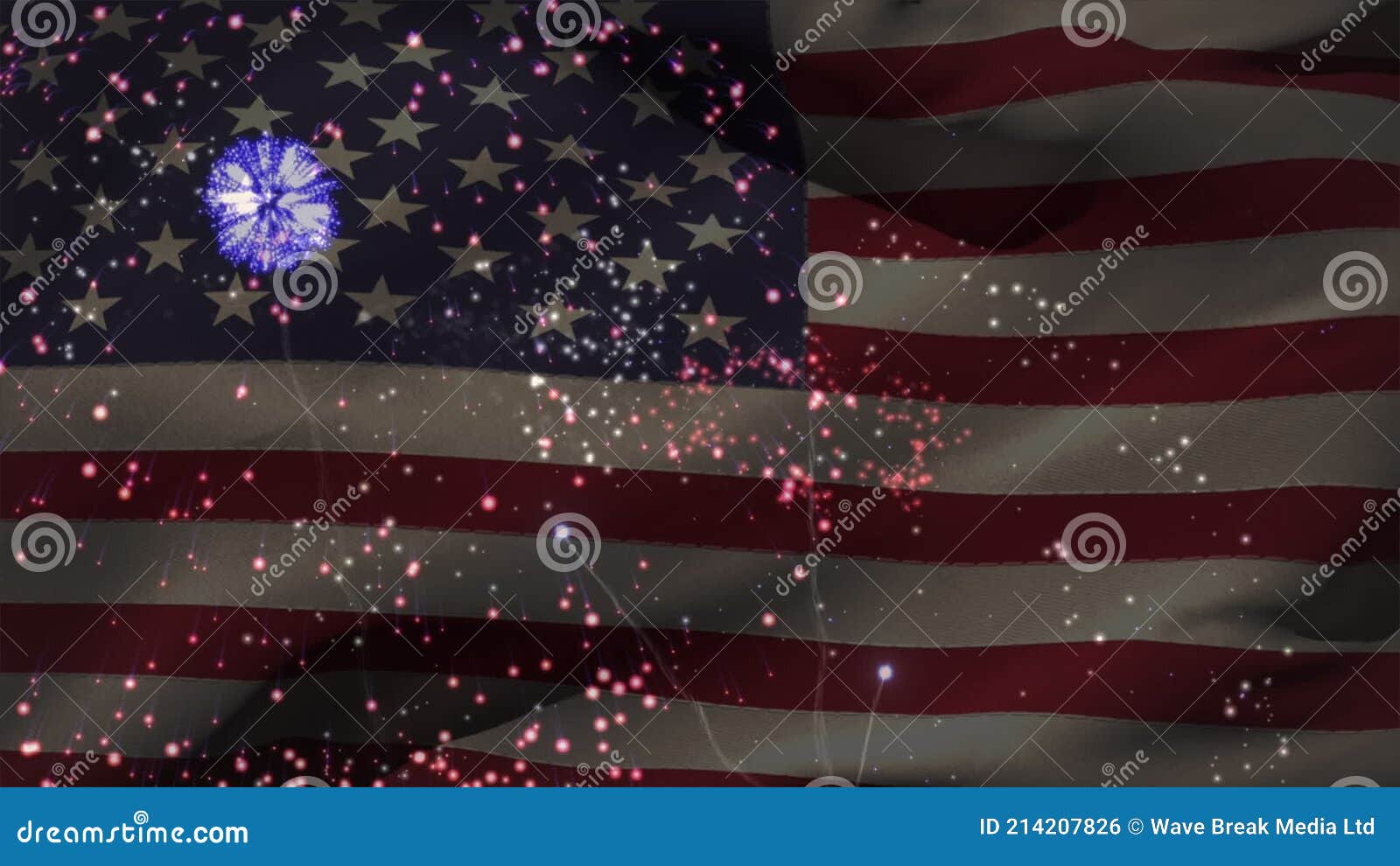 Animation of Fireworks Exploding Over American Flag Waving Stock ...