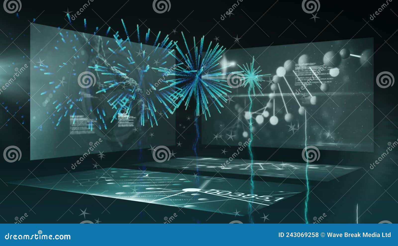 Animation of Fireworks Over Screens with Data Processing and Dna Chain ...
