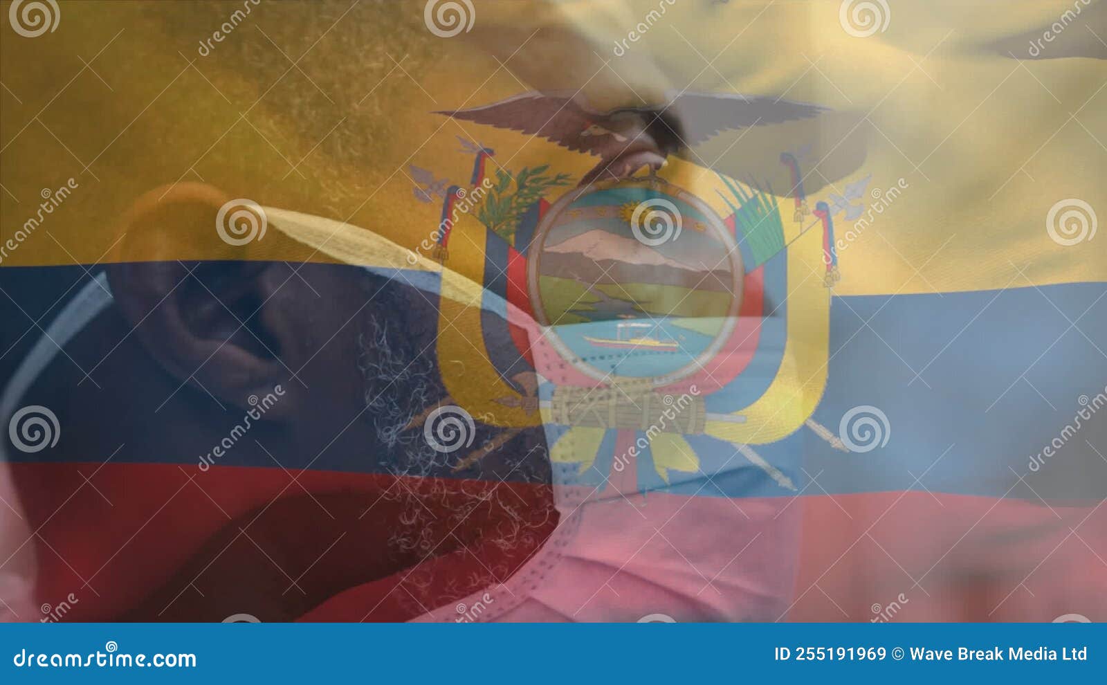 Animation of Flag of Equador Waving Over African American Man Wearing ... Animation of Flag of Equador Waving Over African American Man Wearing ...