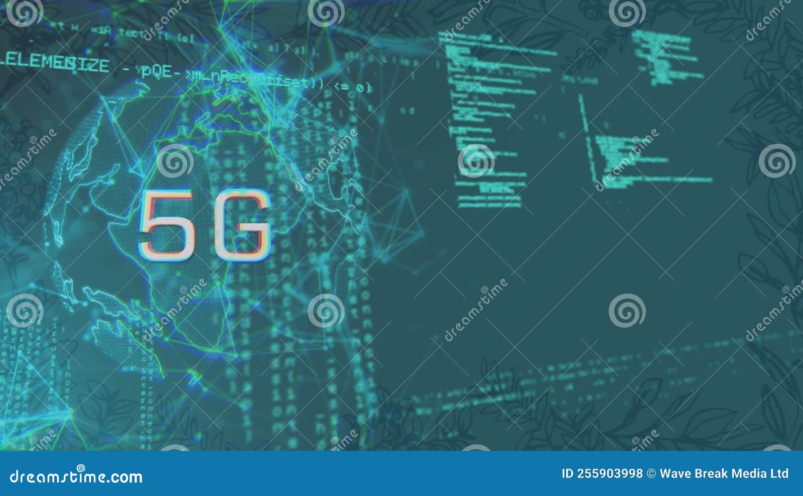 Animation Of 5g Text With Rotating Globe Programming Language And Dots