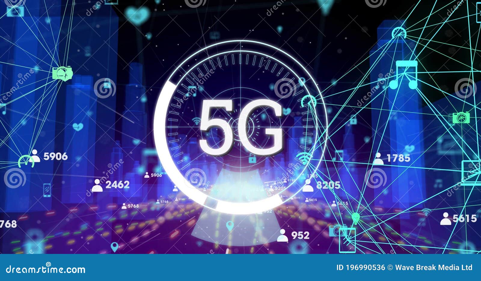 5G Text on Circles and Globes of Network of Connections Against 3D City ...