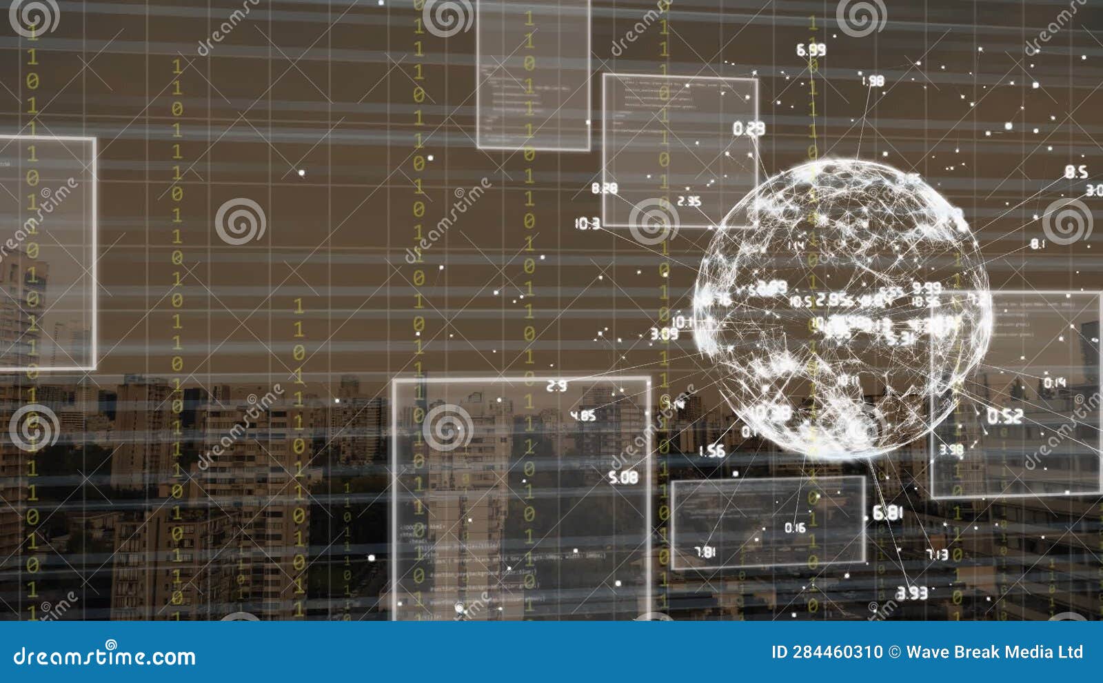 Animation of Globe with Connections and Data Over Cityscape Background ...