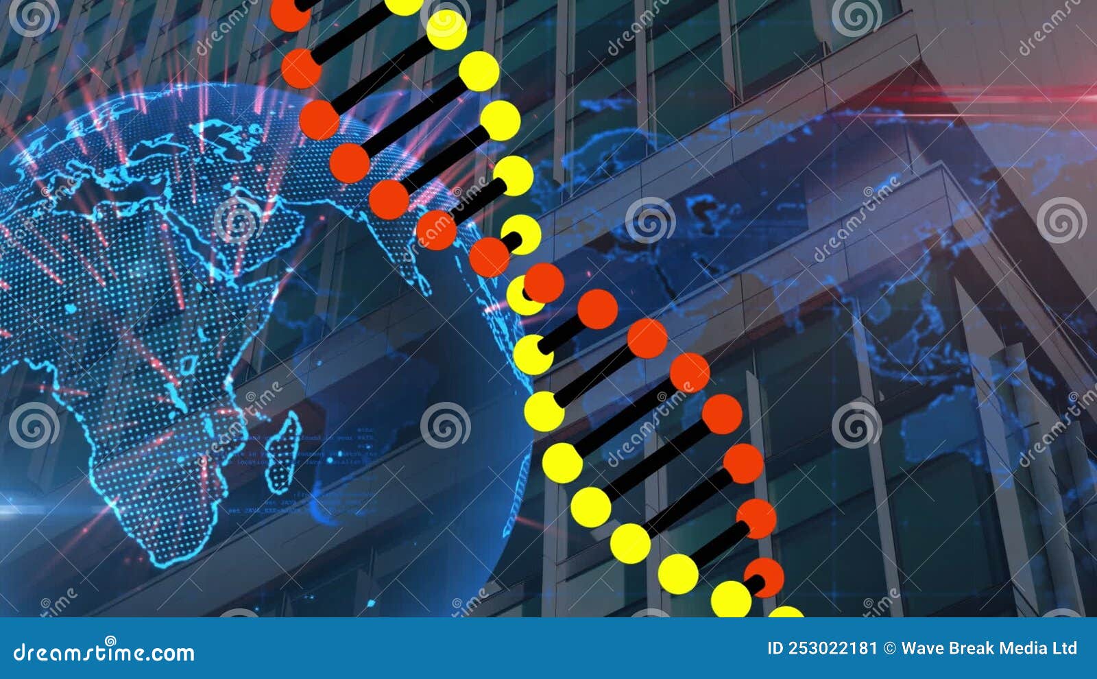 Animation of Globe and World Map with Dna Strand Over Cityscape Stock ...