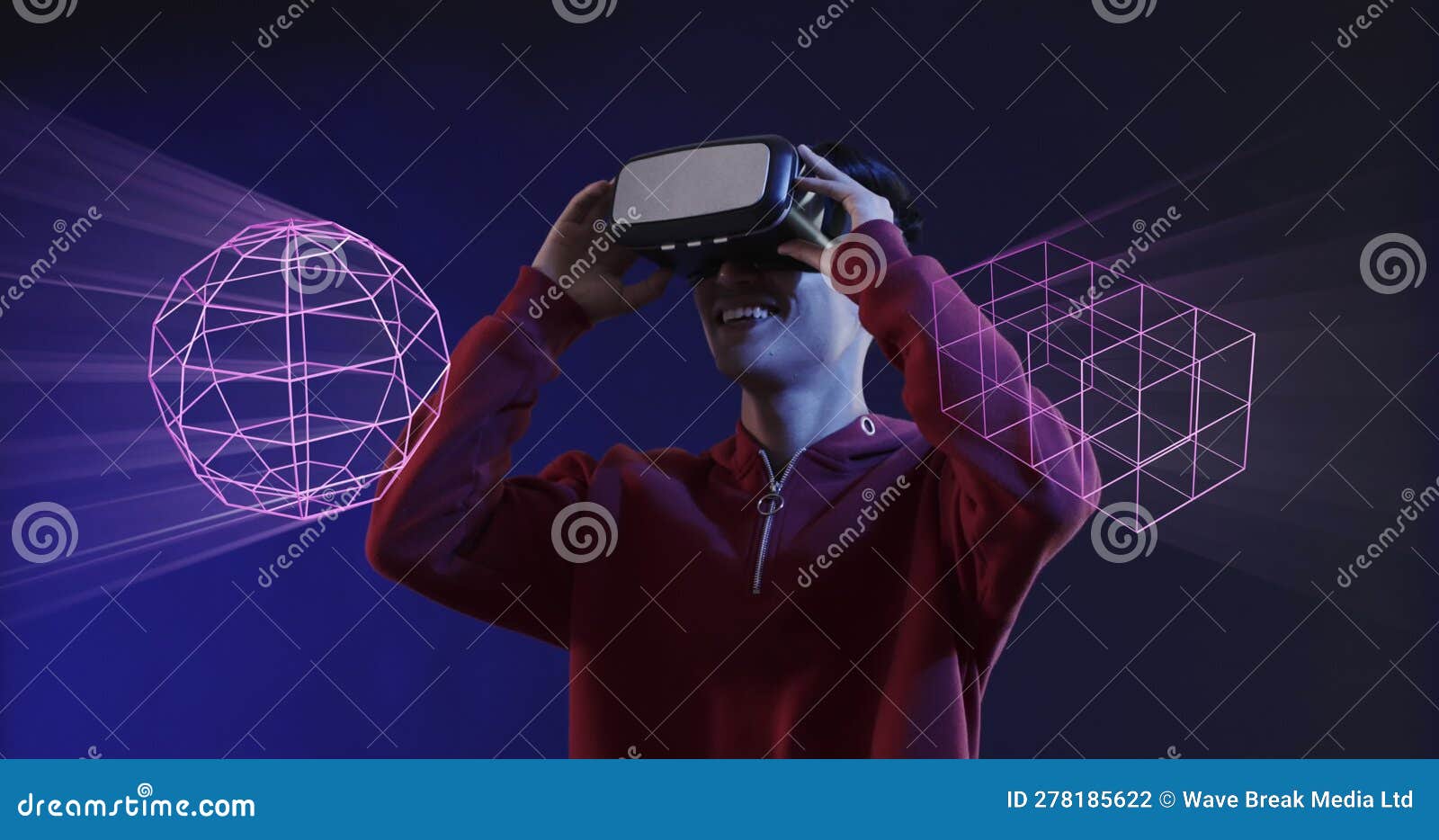 Animation of Glowing 3d Shapes of Data Transfer Over Asian Man in Vr ...
