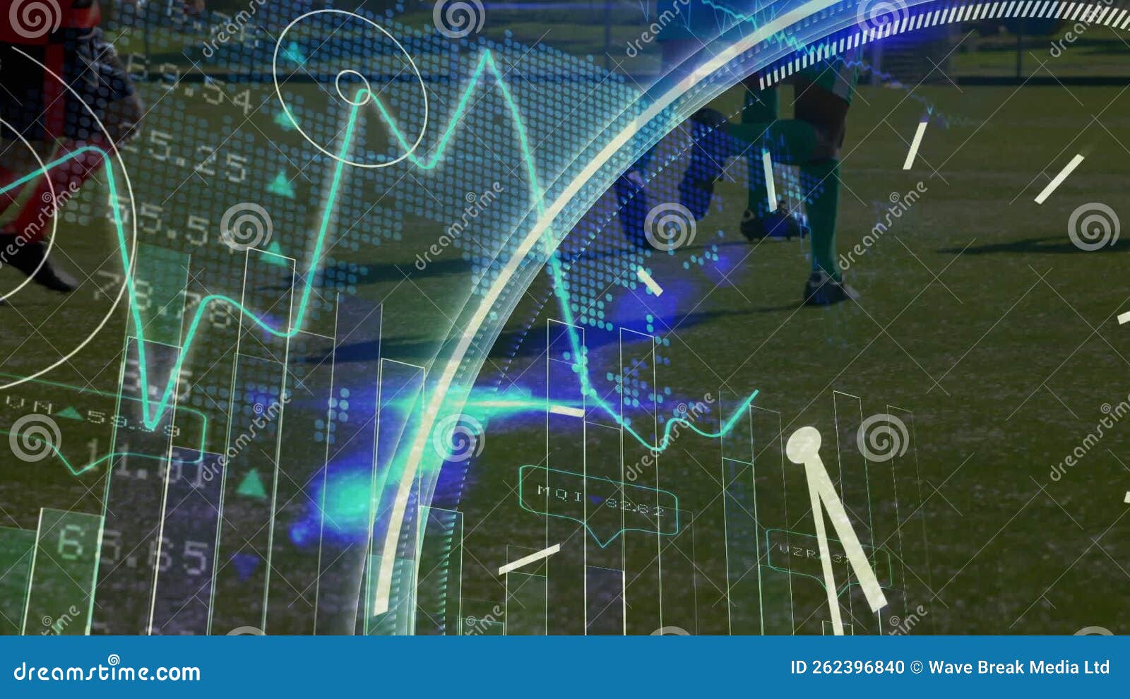 Animation of Graph, Clock , Numbers and Map Over Low Section of Soccer ...