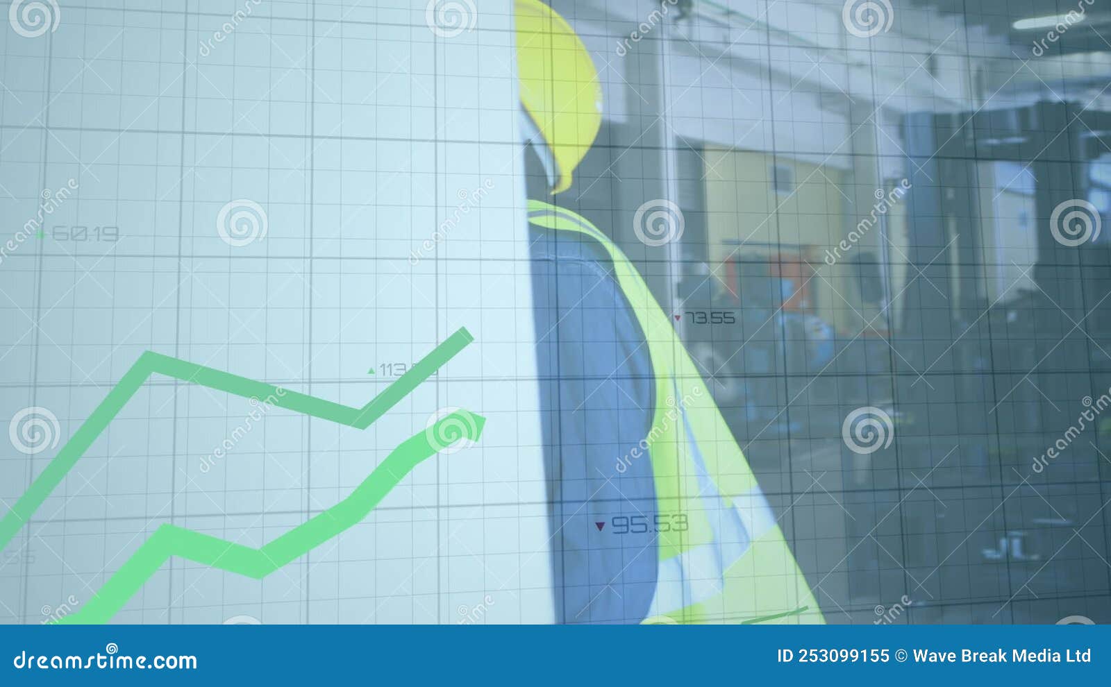Animation of Graph and Data Processing Over Male Worker Inspecting ...