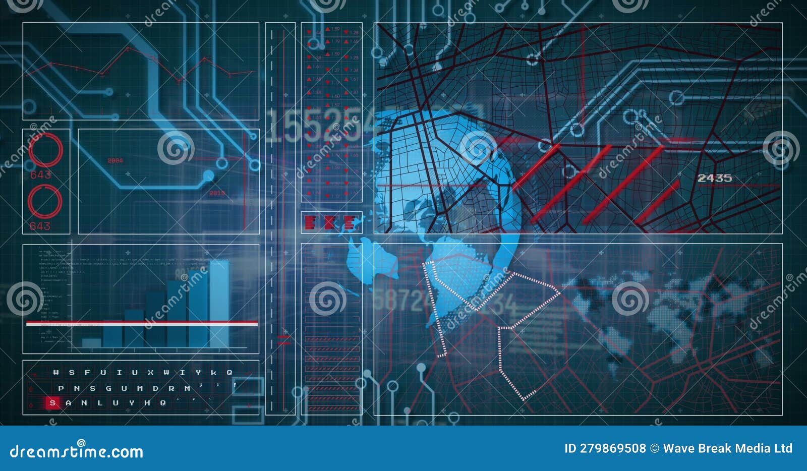 Animation of Graph, Map, Changing Numbers, Map, Circuit Board Pattern Over Globe on Blue ...