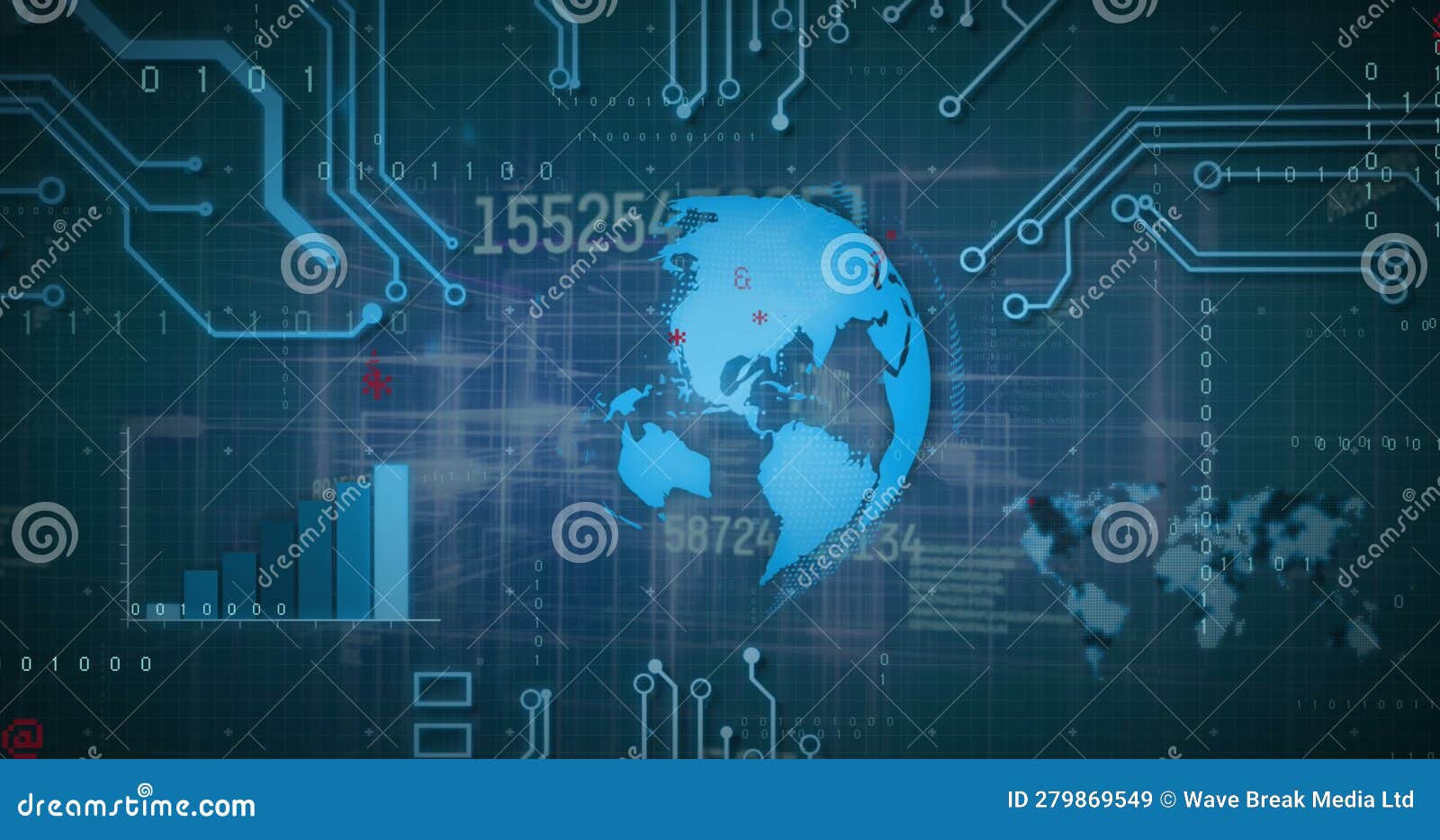 Animation of Graph, Map, Changing Numbers, Map, Circuit Board Pattern Over Globe on Blue ...