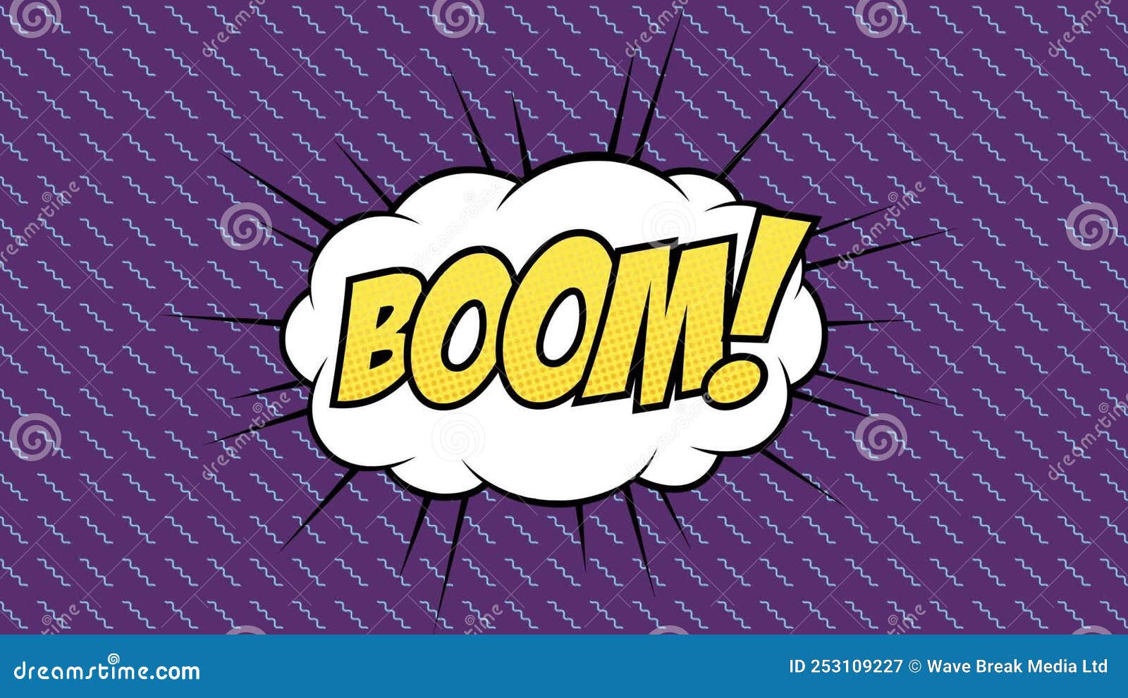 Animation of Graphical Boom Text in Cloud Against Doodle Patterned ...