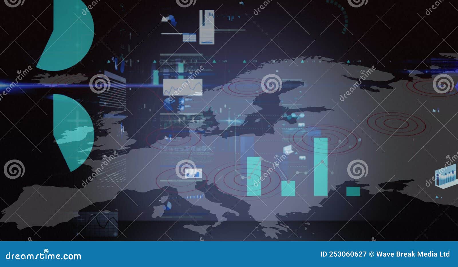 Animation of Graphs and Charts Processing Data Over World Map on Black Background Stock Video ...