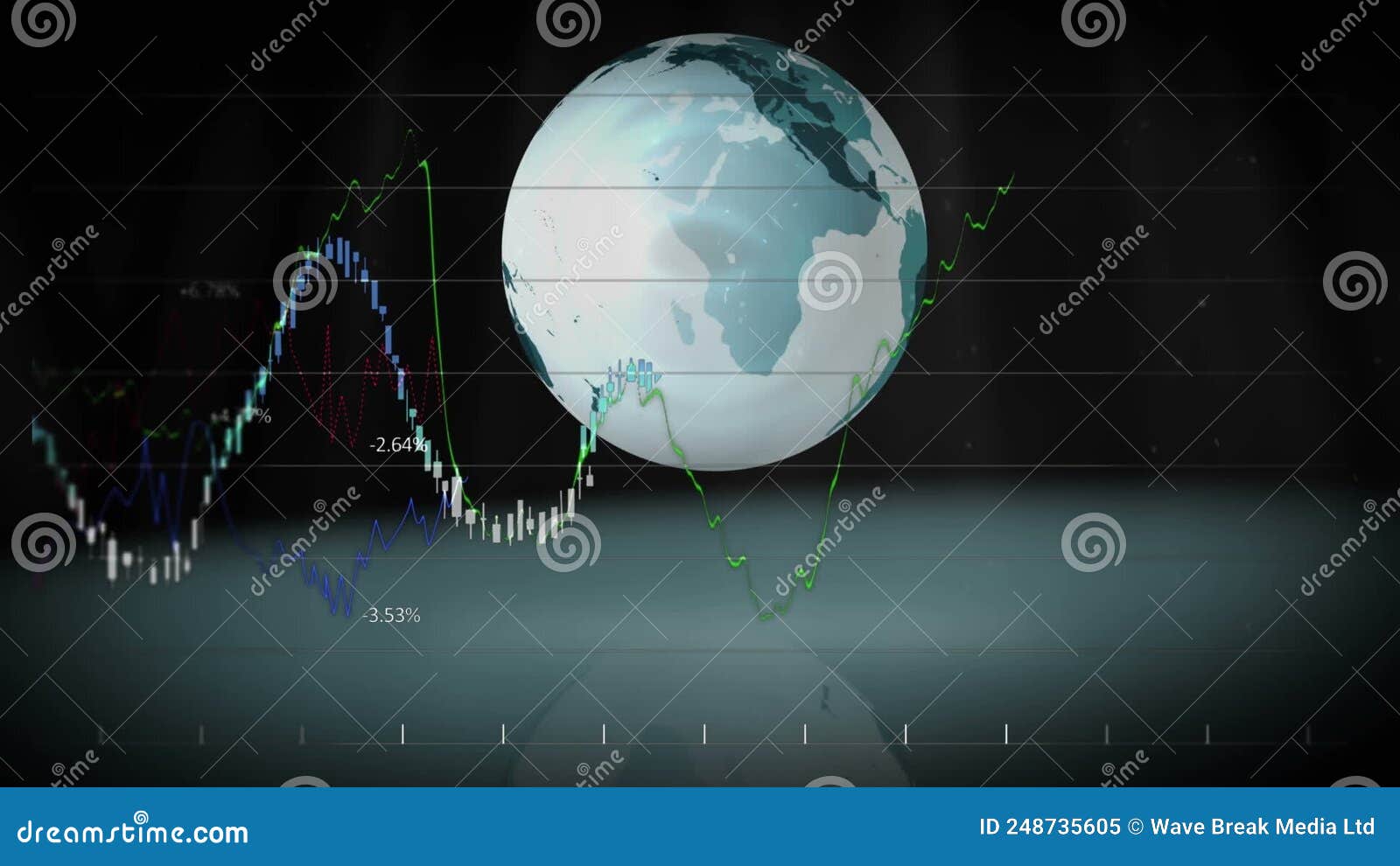 Animation of Graphs and Lights Moving Over Globe and Black Background ...