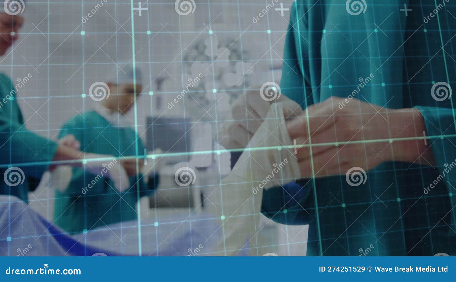 Animation of Grid Pattern Over Diverse Surgeons Wearing Gloves To ...
