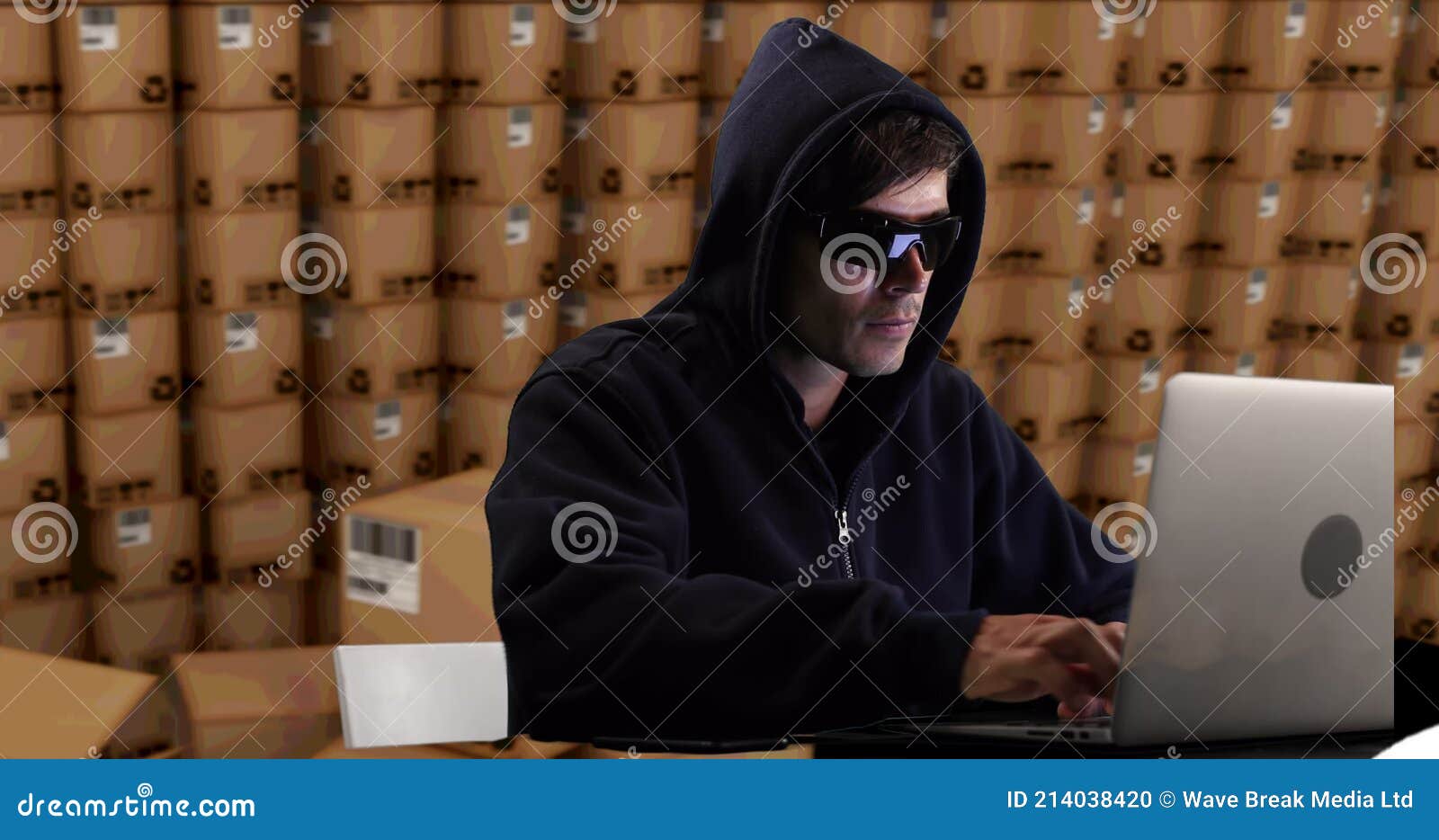 Animation of Hacker Using Laptop with Stacks of Boxes in Warehouse ...