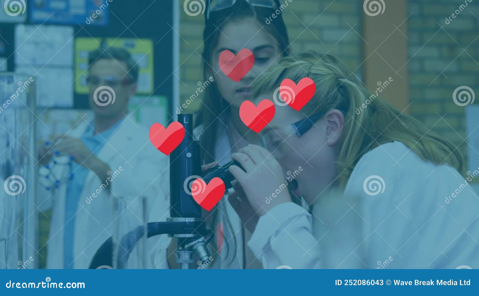 Animation of Hearts Falling Over Diverse Group of Student in Laboratory ...