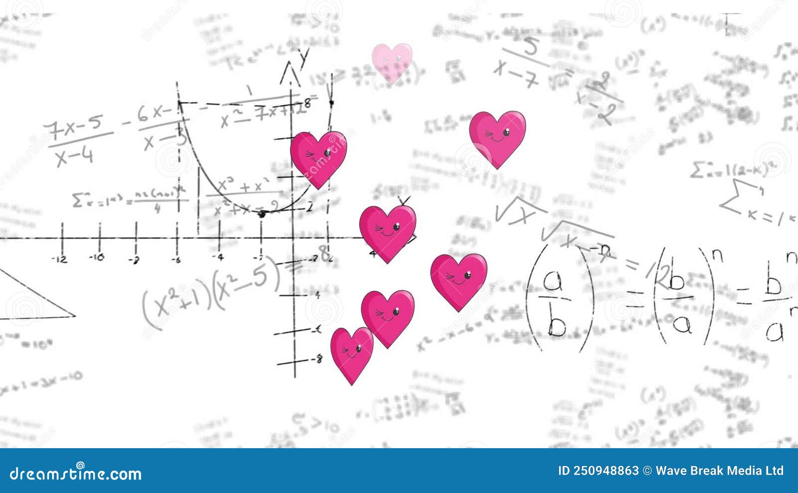 Animation of Hearts Floating Over Math Formulas on White Background ...