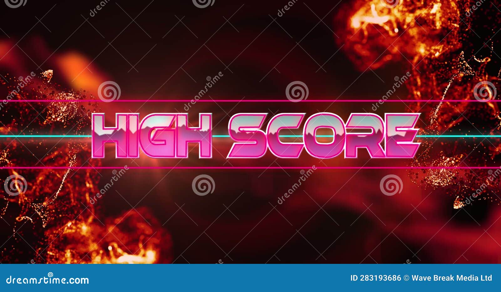 Animation of High Score Text and Neon Lines Over Flames Background ...